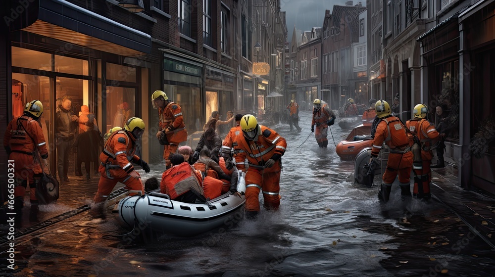 Evacuation Urgency: A street scene with emergency services evacuating ...