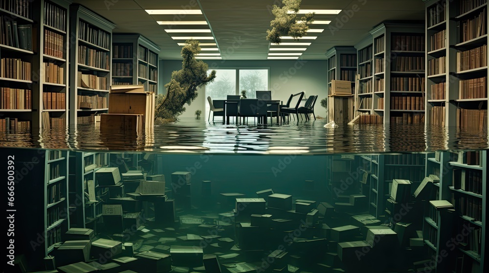 Library in Lakes: Interior shot of a library, books floating and ...