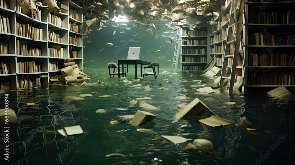 Library in Lakes: Interior shot of a library, books floating and ...
