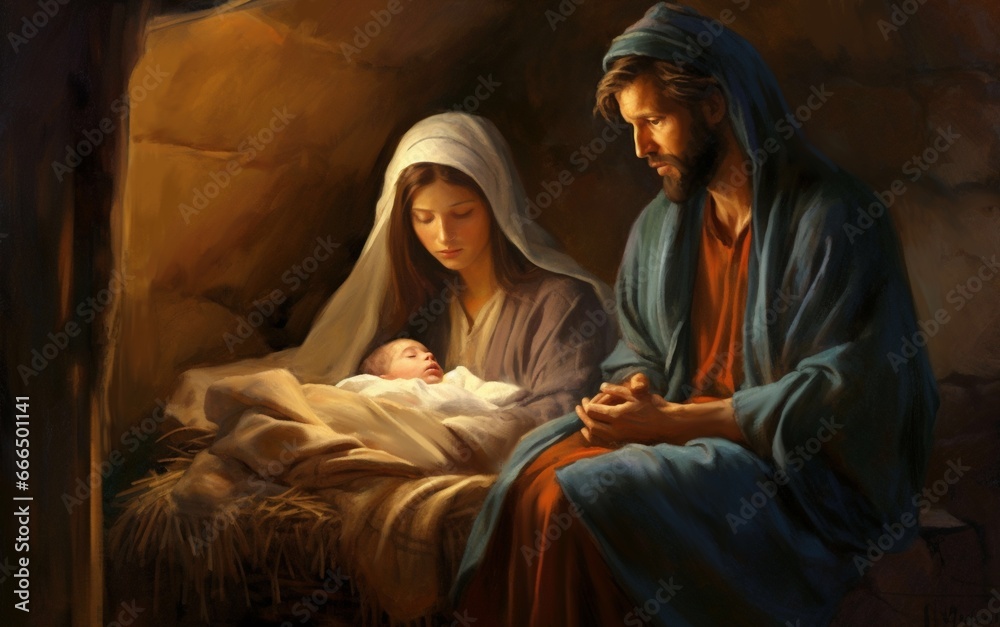 Christmas story. Christmas night, Mary, Joseph and the baby Jesus, Son ...
