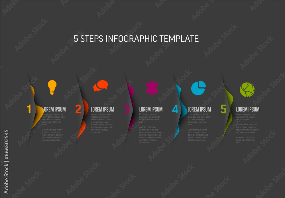 Five dark steps progress page template with color corners and icons ...