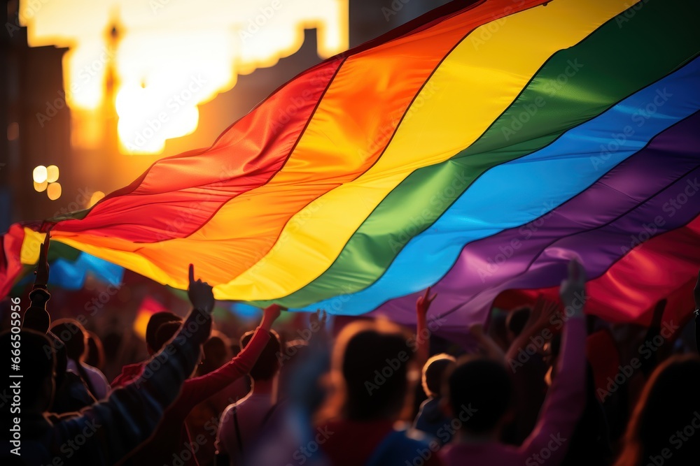 people with rainbow flags at a pride parade in front of the city. LGBT ...