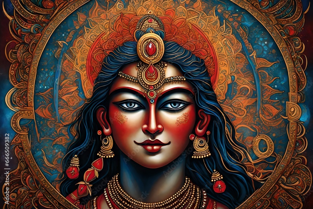 Create a miniature portrayal of Goddess Kali, capturing her fierce yet ...