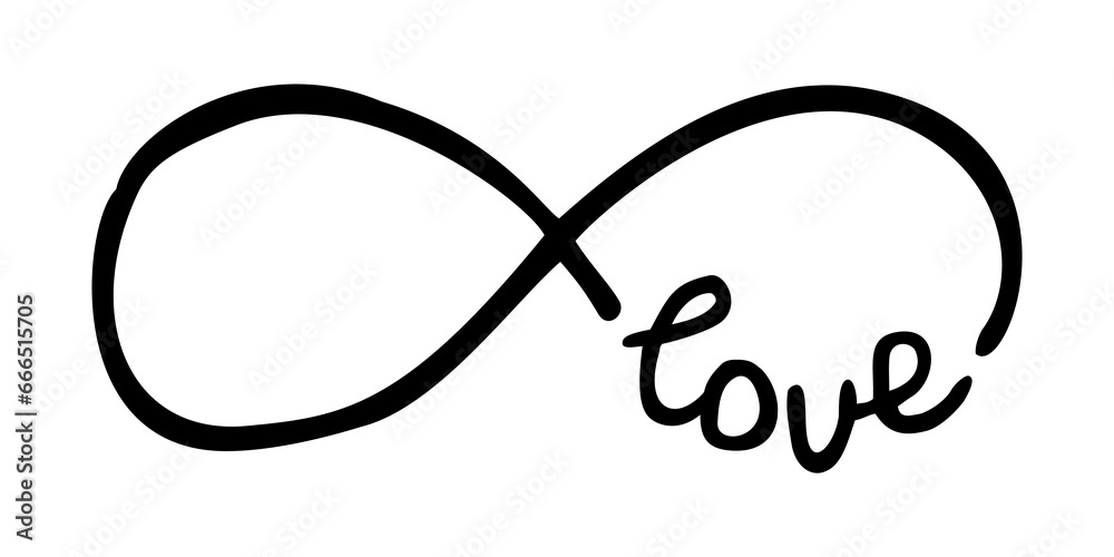 Infinity symbol with word love, hand drawn with ink brush. Thin line ...