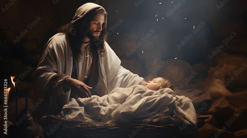 Depiction of the biblical scene of Jesus birth and manger where he was ...