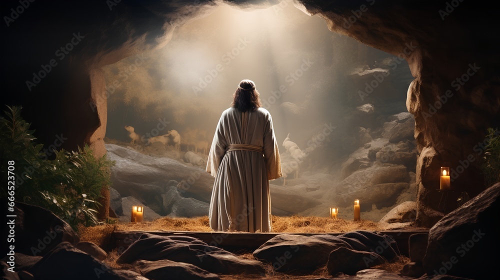 Jesus Christ as holy saviour. Beautiful light ray as power and sanctity ...