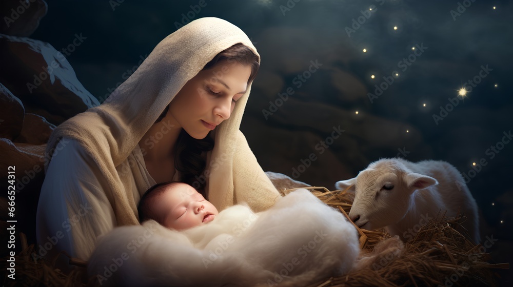 Bible scene with the Virgin Mary and newborn Jesus Christ in a humble ...