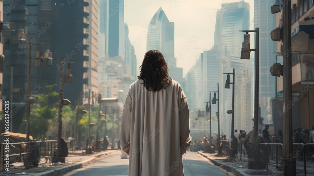 Jesus Christ in modern bustling urban cityscape. Nowaday society call ...