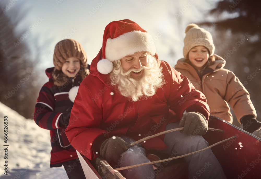 AI generative images. Happy and playful Santa Claus and kids sledding ...