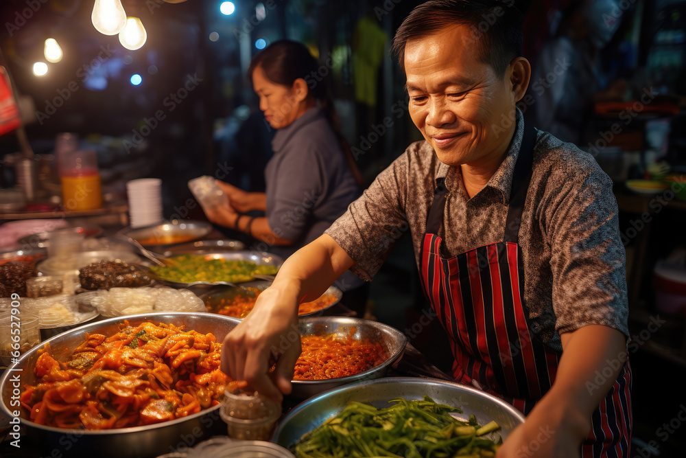 A man standing over a table filled with lots of food created with ...