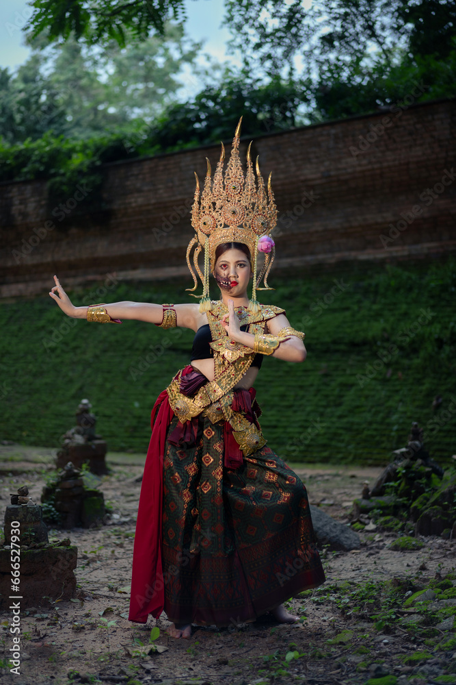 Halloween a scared horrible pretty Asian woman wearing an ancient ...