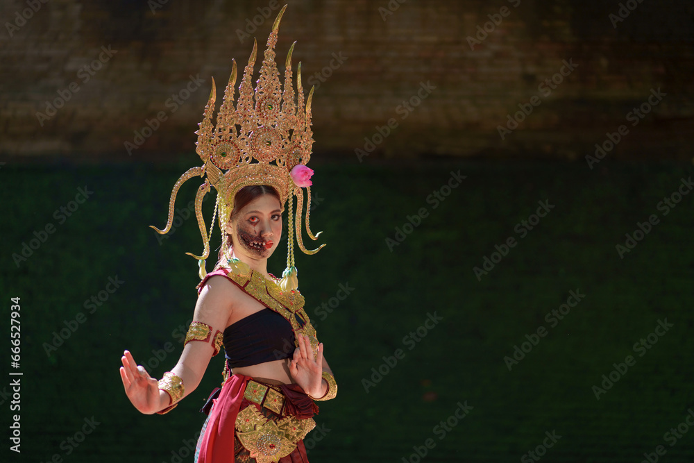 Halloween a scared horrible pretty Asian woman wearing an ancient ...