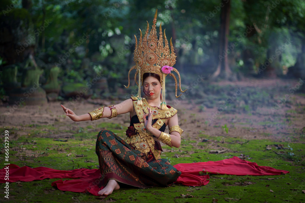 Halloween a scared horrible pretty Asian woman wearing an ancient ...