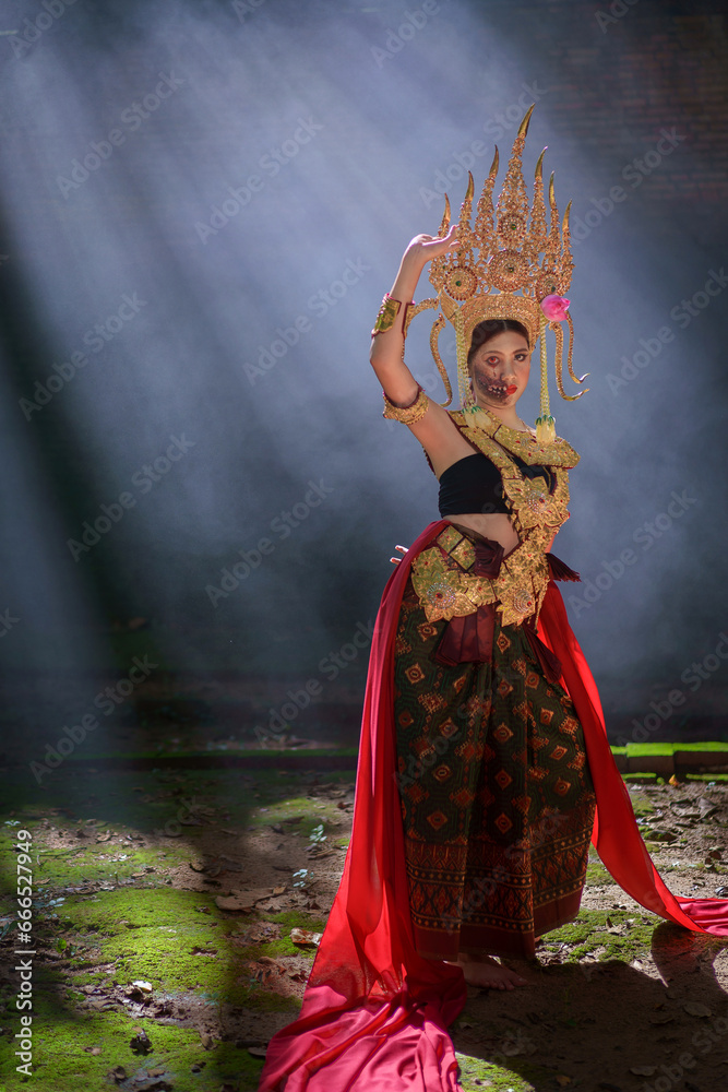 Halloween a scared horrible pretty Asian woman wearing an ancient ...