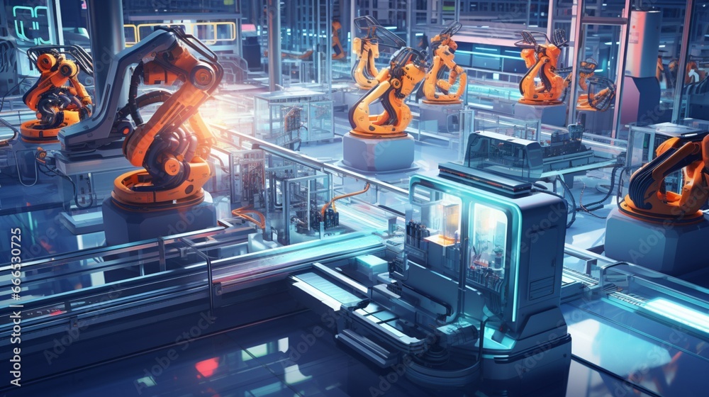 An automated assembly line in a high-tech manufacturing plant, churning ...