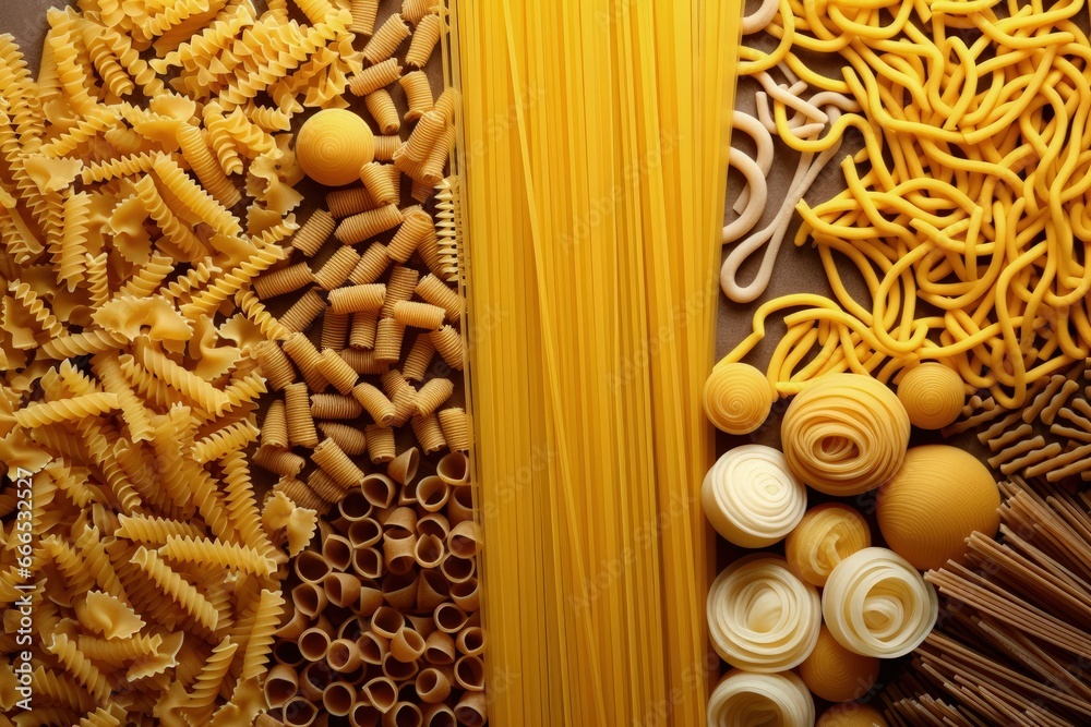Italian pasta layout various shapes and types made from durum wheat ...
