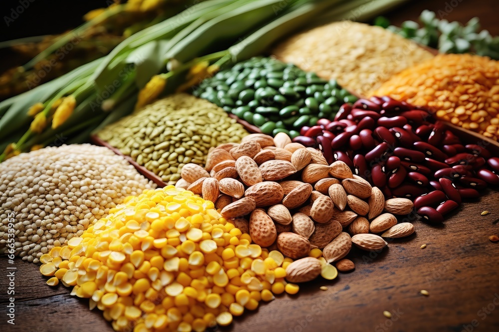 Natural grains and cereals like green bean soybean red bean rice wheat ...