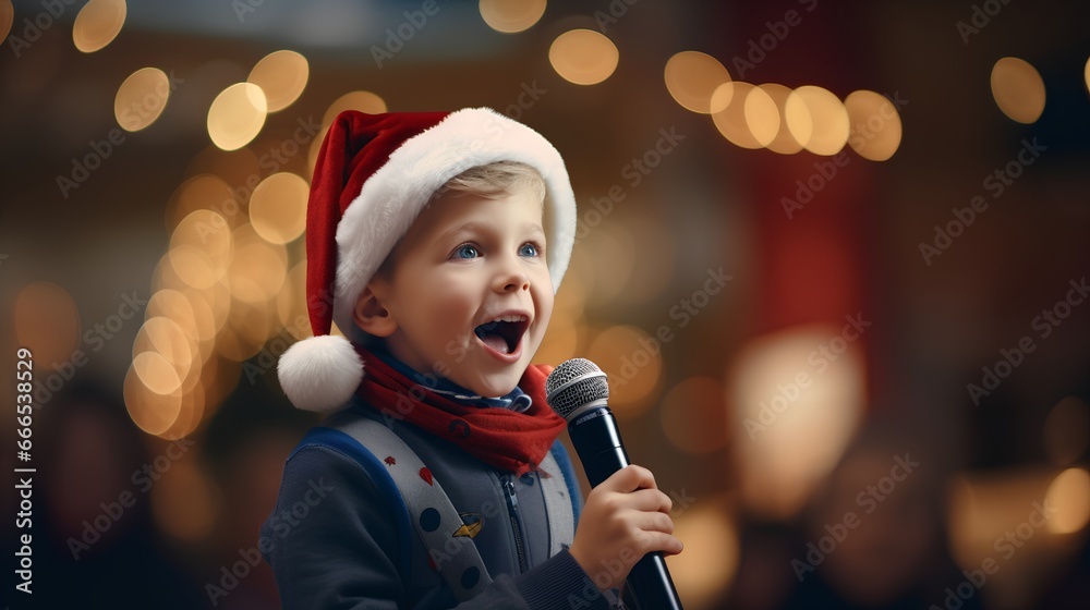 Kindergarten Christmas event. Little kid, full of joy and excitement ...