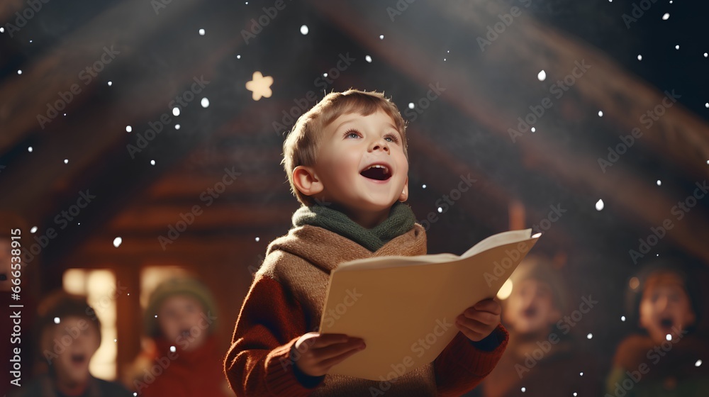 Kindergarten Christmas event. Little kid, full of joy and excitement ...