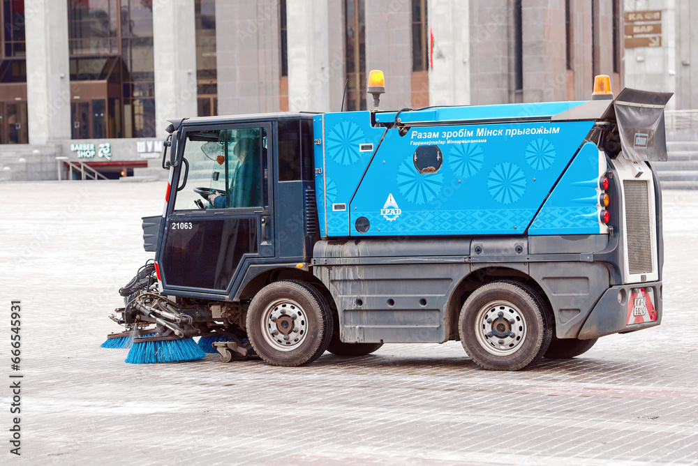 Minsk, Belarus. Mar 13, 2022. Sweeper Schmidt, compact washing machine ...