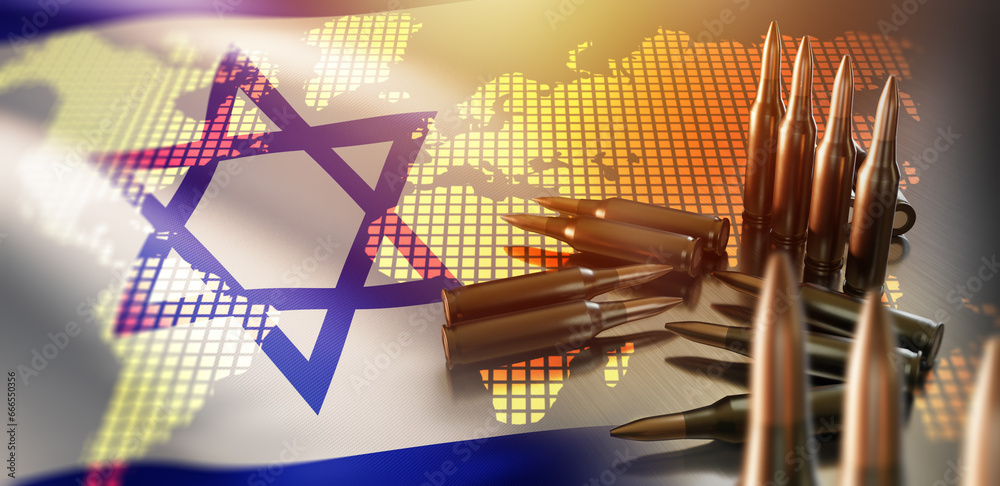 Weapon cartridges on Israeli flag. Bullets for military action ...