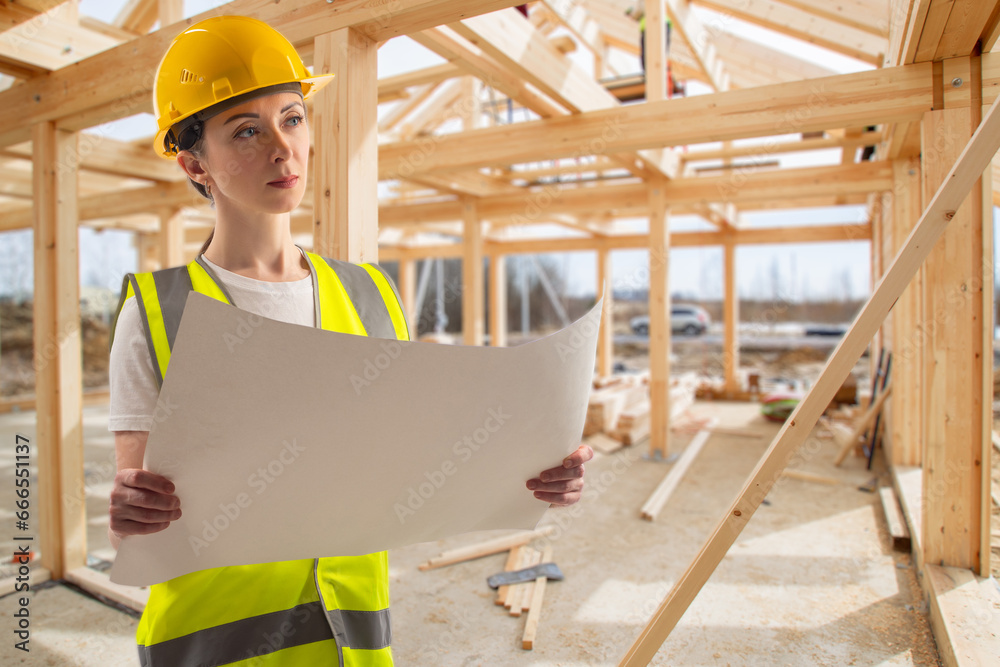 Foto de Woman builder. Engineer inside wooden house under construction ...