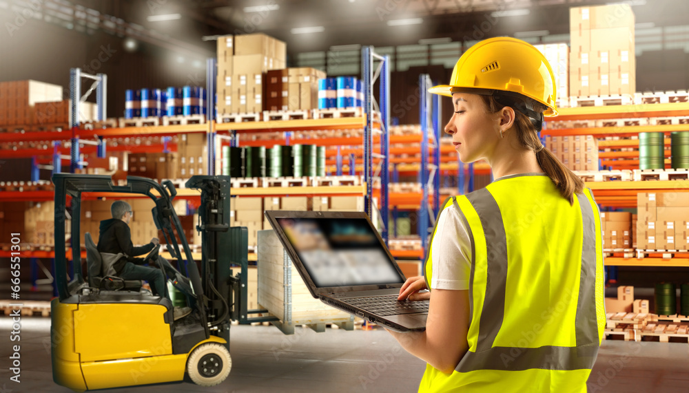 Woman warehouse manager. Girl inside storage hangar. Factory storage ...