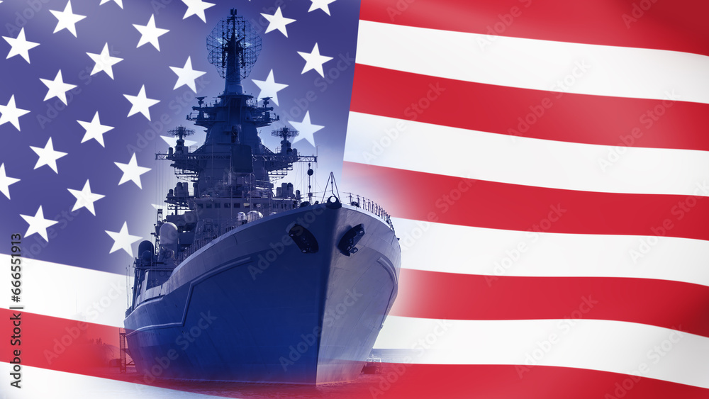 USA navy. Warship with American flag. Navy ship. Armed symbols of ...