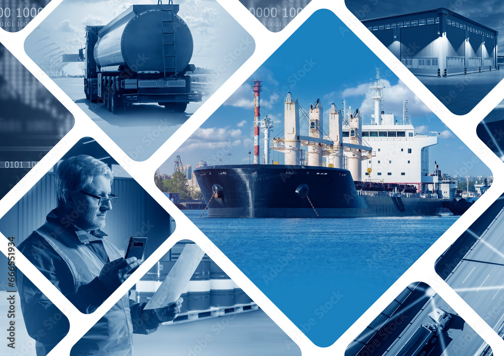 Foto de Logistic background. Ship for transporting goods. Providing ...