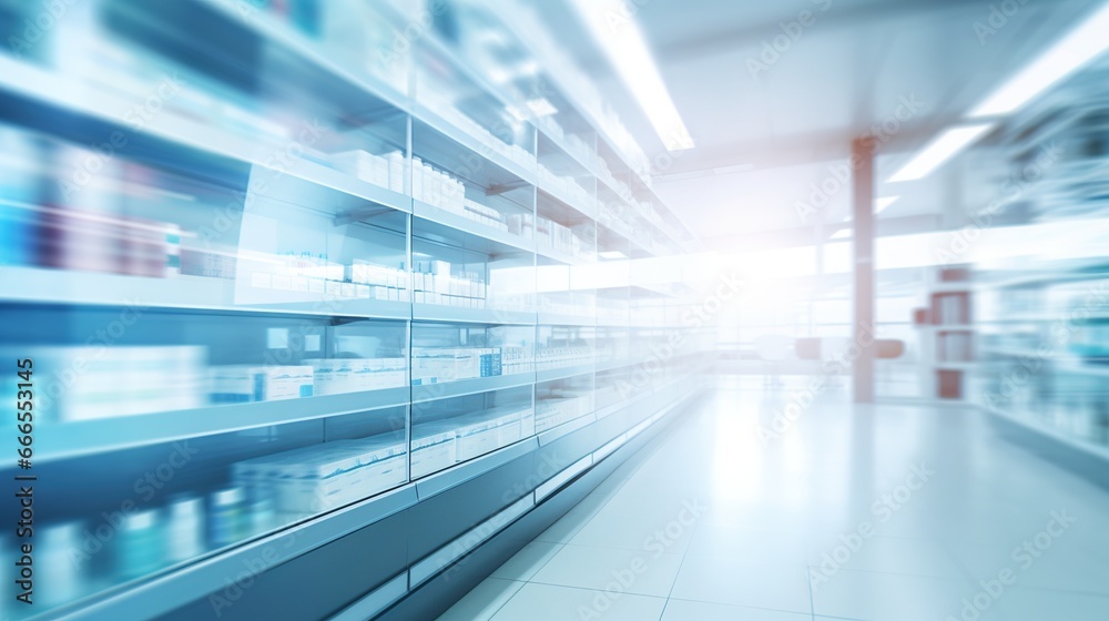 Blurred background of a pharmacy store. Pharmacist and medicine concept ...