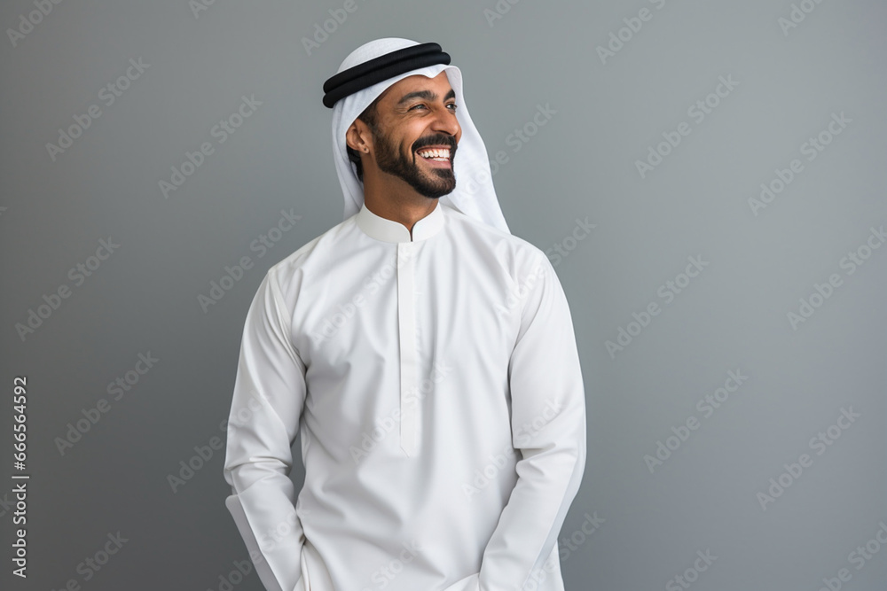Young and confident Emirati man is standing in front of light grey wall ...