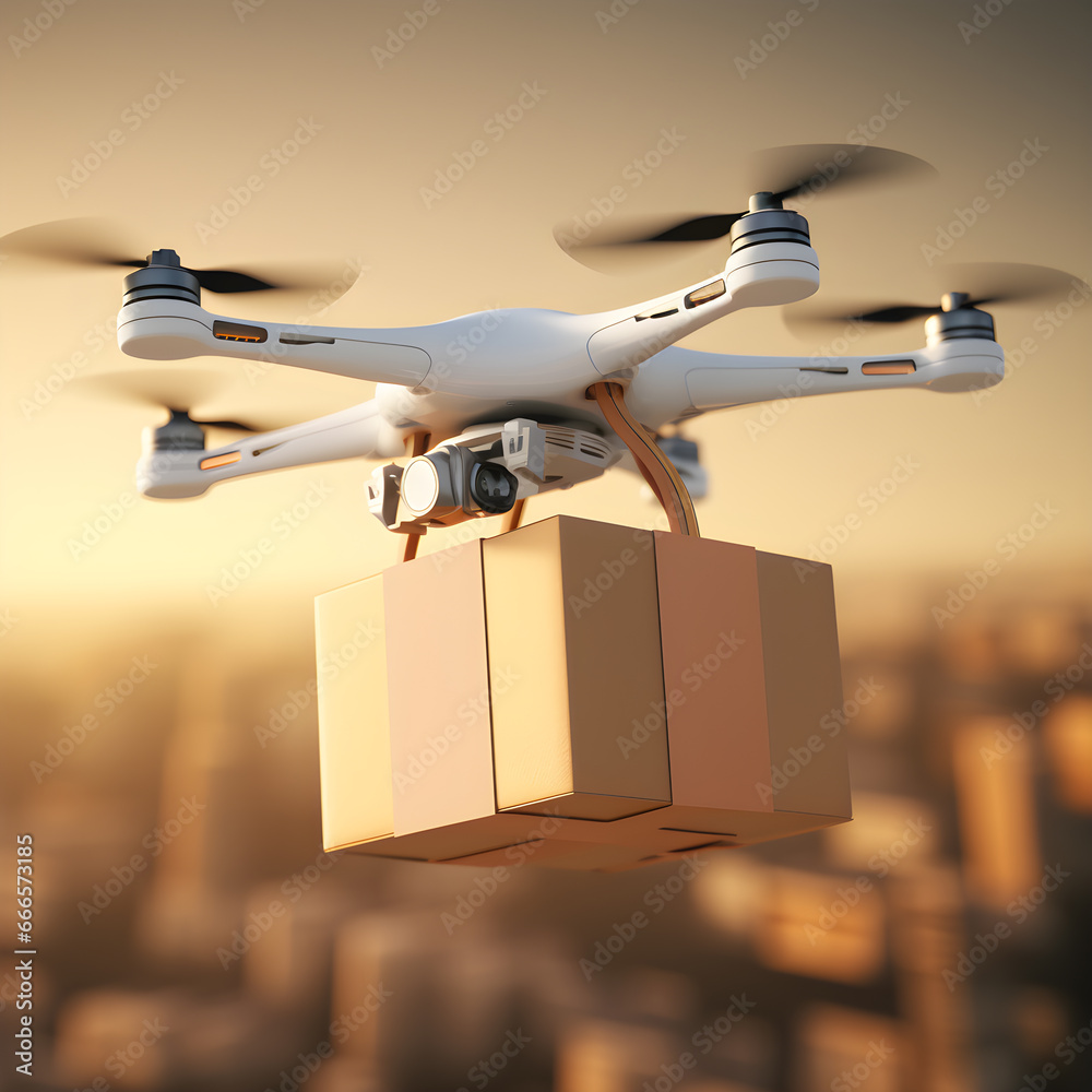 Flying delivery drone transferring parcel box from distribution ...