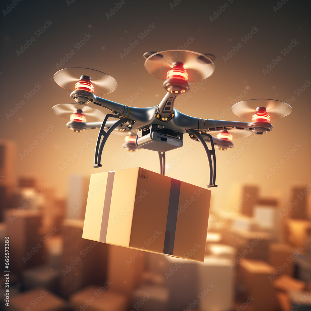 Flying delivery drone transferring parcel box from distribution ...