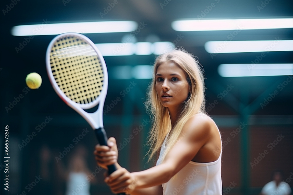 Woman playing paddle tennis in court , ready for smash jumping in ...