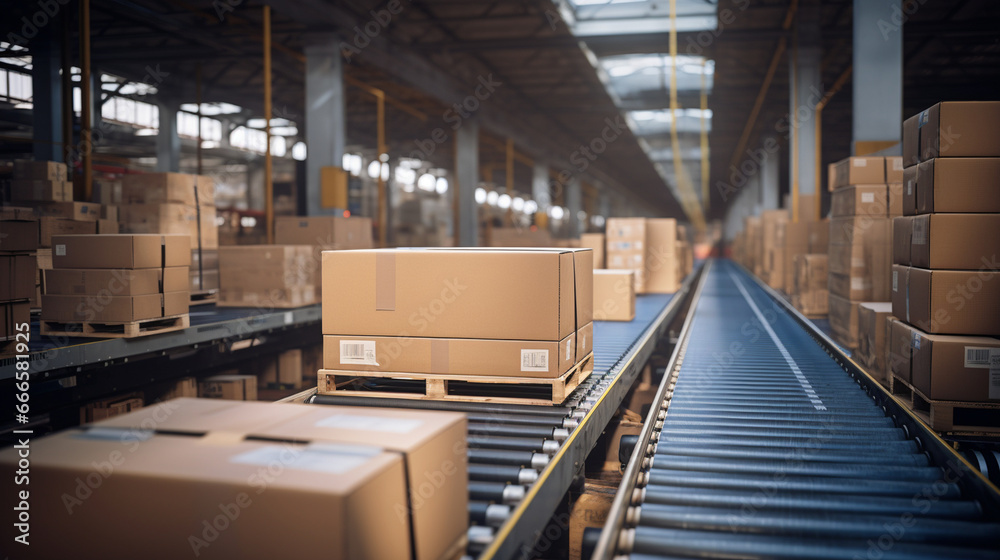 A conveyor belt system efficiently moving boxes from the assembly line ...