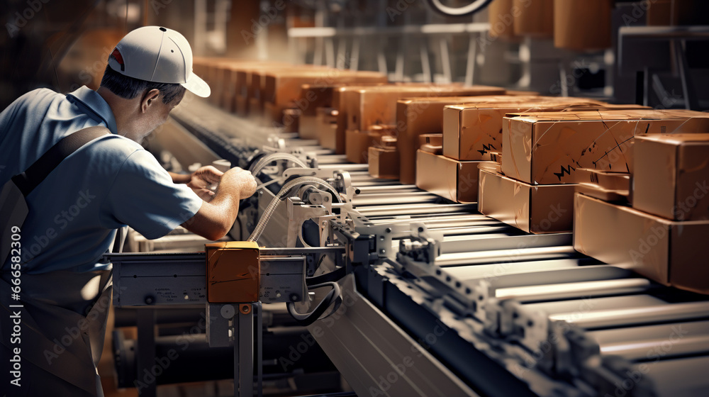 Conveyor belt perspective of a worker packing boxes with precision ...