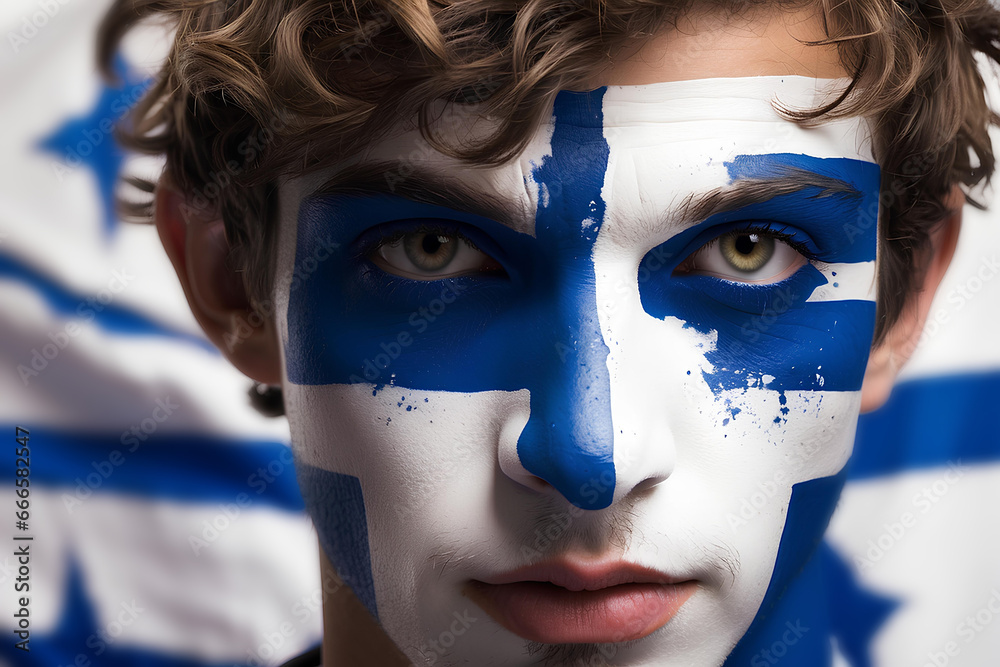 Portrait of Jewish man with face painted in the colors of the Israel ...