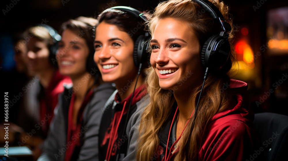 On a split screen, the smiling faces of several team members in ...