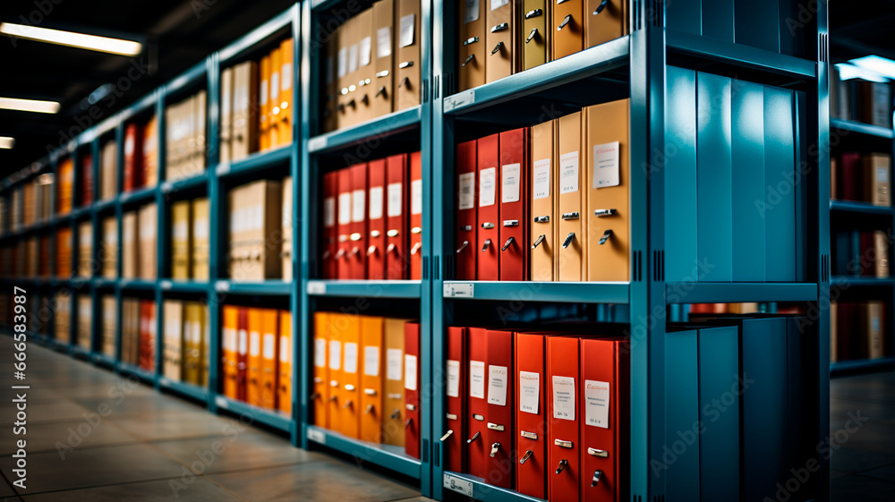 Shelves full of folders and binders in a storage room or office library ...
