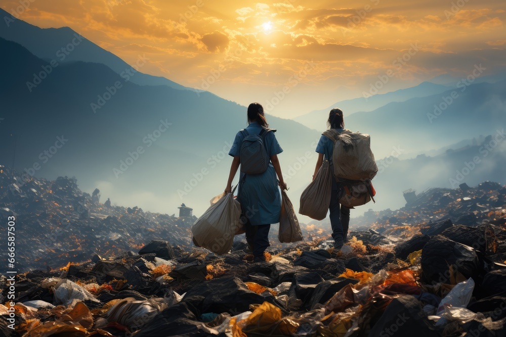 Two girls walk through a huge dirty landfill and carry large bags of ...