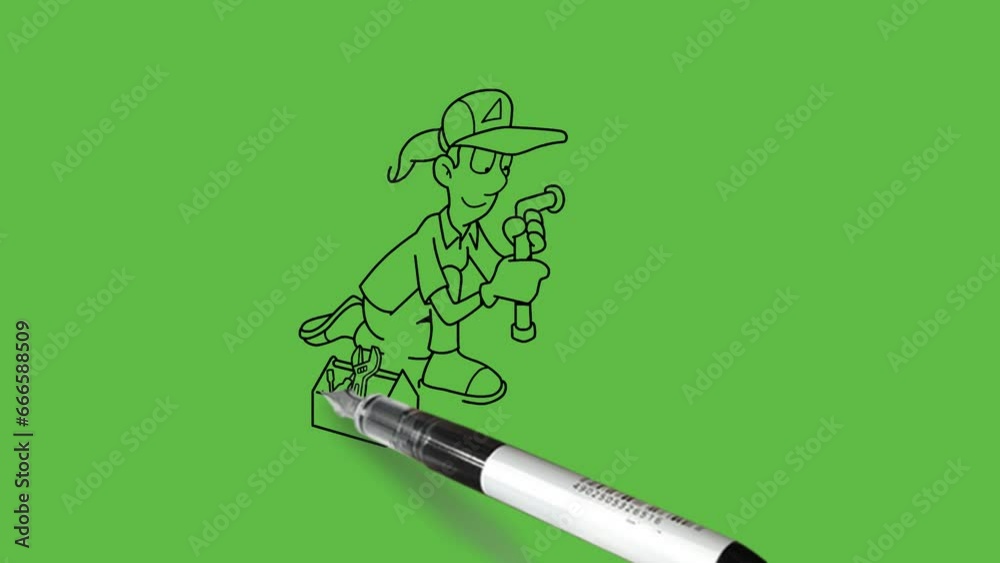 draw male mechanic plumber wear hat sit kneel down on floor repair pipe ...