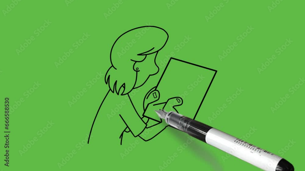 draw backside of young girl carry paperboard in left hand and hold pen ...