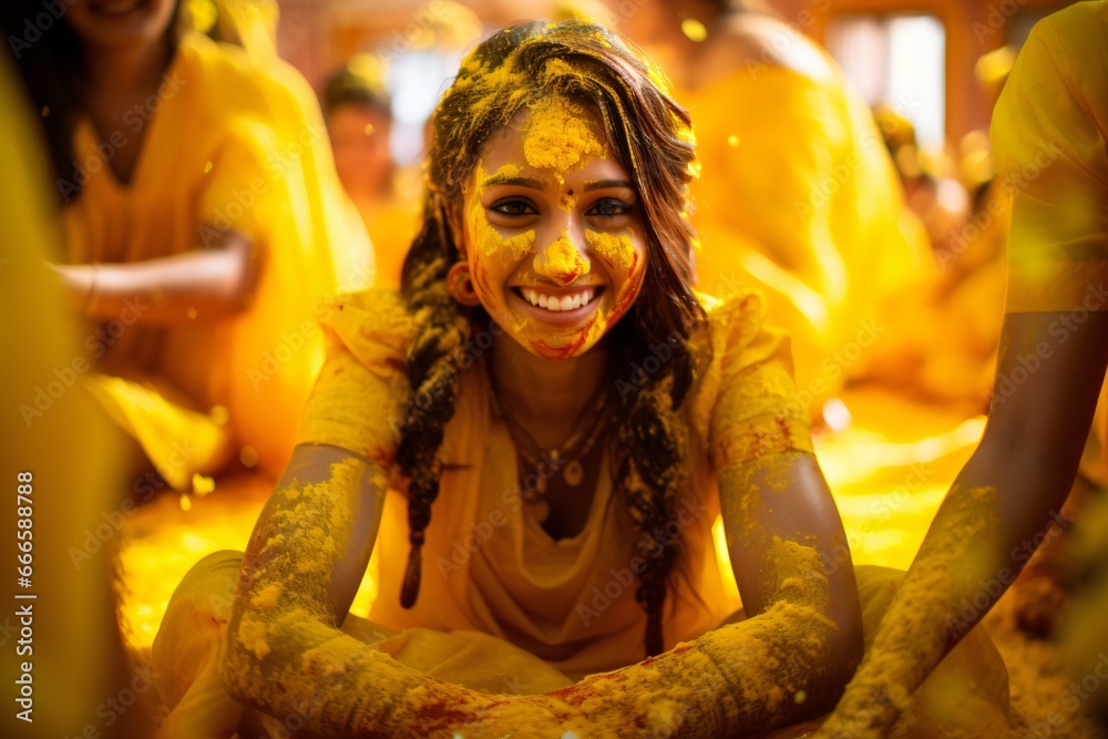 Haldi ceremony in an Indian wedding with bride covered in haldi Stock ...