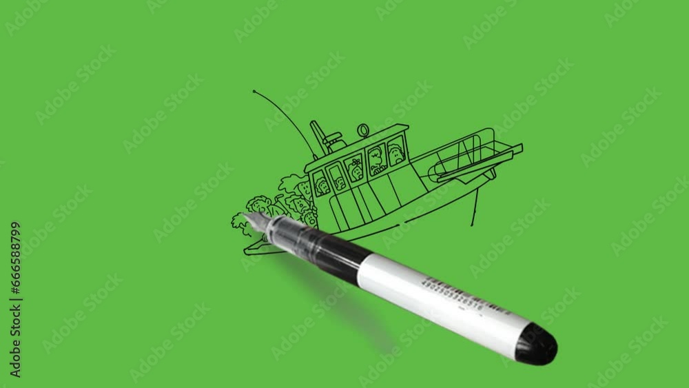 draw passengers sitting on a floating ship from left to right direction ...
