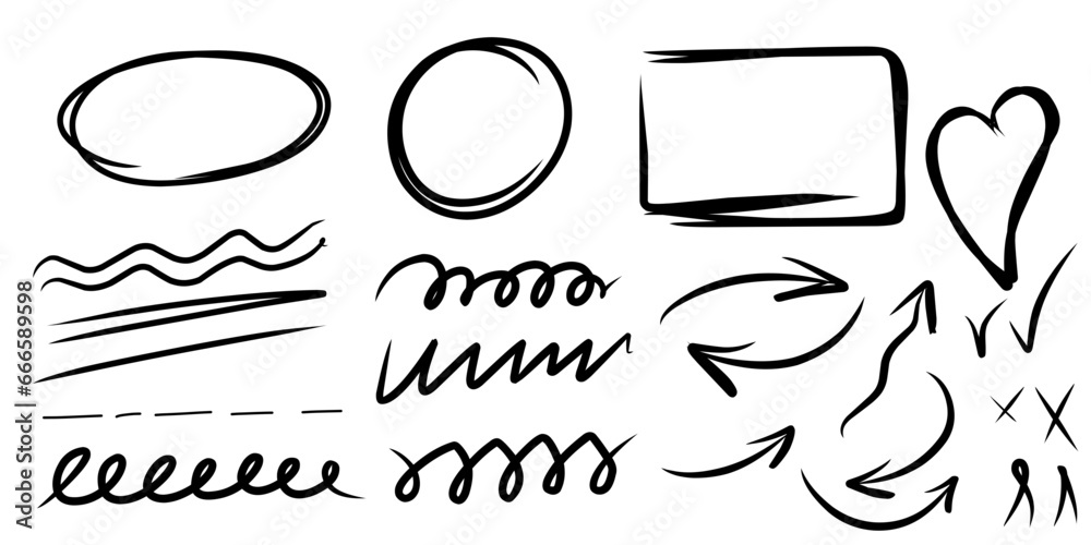Hand drawn oval frames, highlight curve underline and arrows. Hand ...