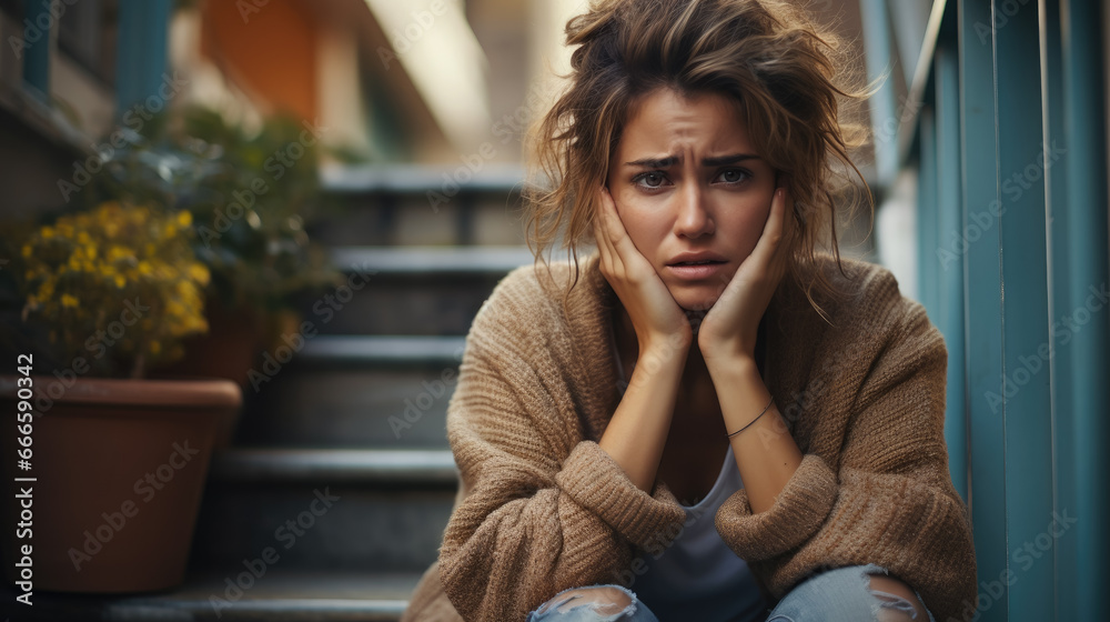 young european sad woman sitting on the stairs at home and crying ...