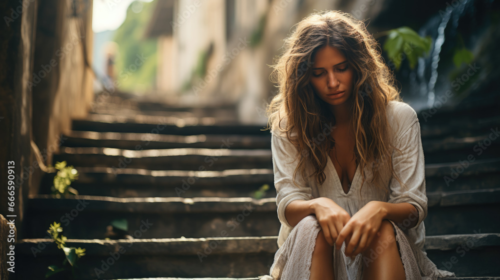 young european sad woman sitting on the stairs at home and crying ...