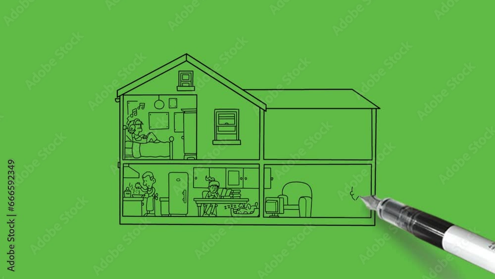 draw big house divide in four rooms occupied by family members ...