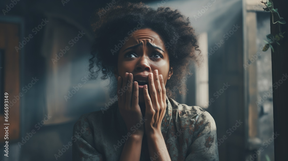 upset black young woman grieving and covering her mouth with her hands ...