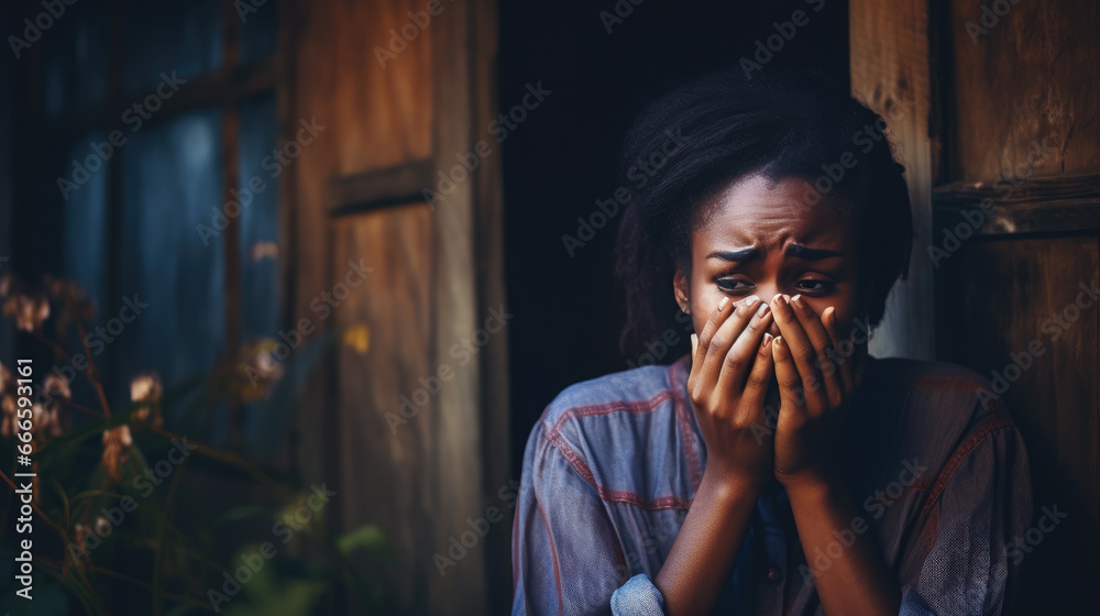 upset black young woman grieving and covering her mouth with her hands ...